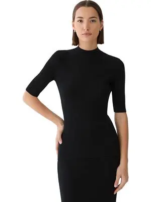 Lafayette 148 New York Ribbed Mock Neck Short Sleeve Sweater - Black