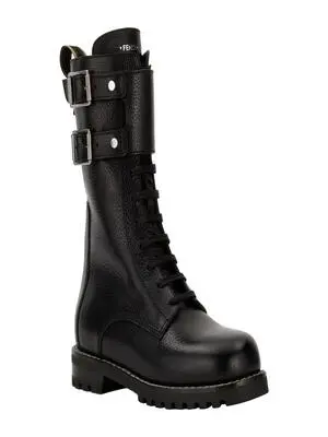 Fendi Tumbled Leather Combat Boots With Buckle Detailing - Black