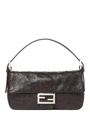 Fendi Baguette 26424 Ostrich Leather Handbag - Brown