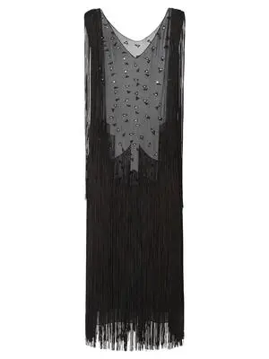 Fendi Embroidered Fringe Midi Dress - Black