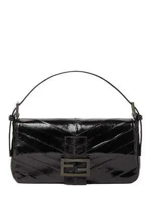 Fendi Baguette 26424 Glossed Chevron Leather Baguette Bag - Black