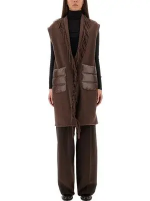 Herno Long Sleeveless Cardigan With Fringe And Padded Pockets - Brown