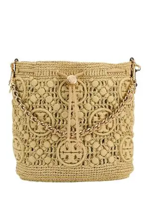 Tory Burch Tory Burch T Monogram Raffia Bucket Bag Tan