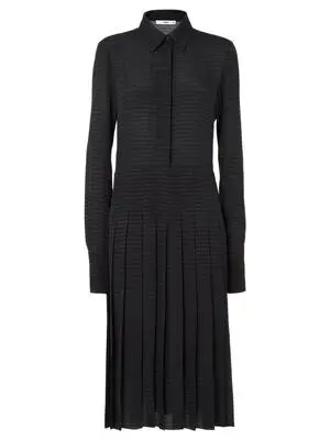 Fendi Midi Silk Shirt Dress With Jacquard Chevron Pattern & Pleated Skirt - Nero