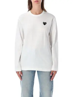 Play Comme Des Garcon COMME DES GARCONS PLAY Long Sleeve Cotton T-Shirt With Heart Patch Bianco