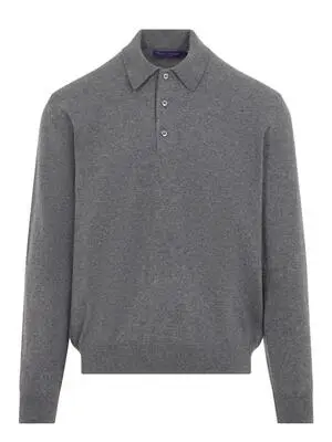 Ralph Lauren Purple Label Long Sleeve Cashmere Knit Polo Sweater - Grey