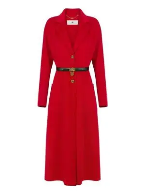 Elisabetta Franchi Wool Double Cloth Coat With Padlock Charm Belt - Red