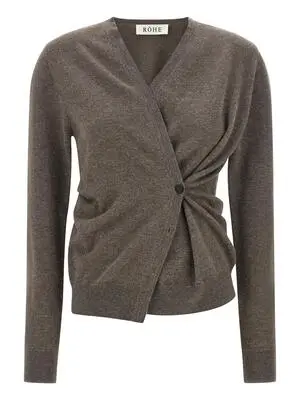 RÓHE ROHE Asymmetrical Twisted Ballet Cardigan In Fine Knit Wool Blend Brown