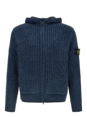 Stone Island Chenille Cotton Hooded Cardigan - Blue