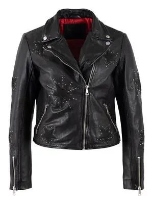 Mauritius Soraya Nubuck Leather Moto Jacket With Star Appliqués And Studs - Black