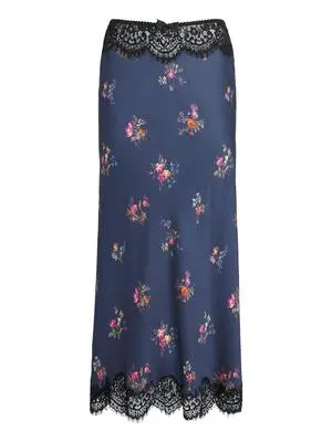 SELF-PORTRAIT Floral Print Satin Maxi Skirt With Lace Trim - Navy