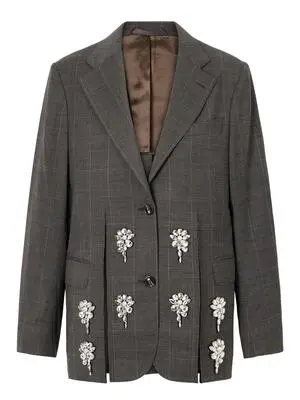 Simone Rocha Embellished Prince Of Wales Stretch-wool Blazer - Gray