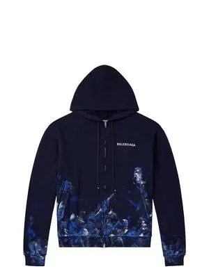 Balenciaga Logo-embroidered Paint-splattered Cotton-jersey Zip-up Hoodie - Navy