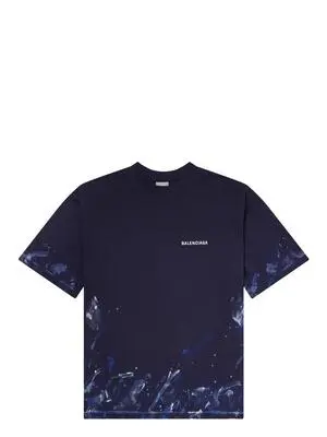 Balenciaga Logo-embroidered Paint-splattered Cotton-jersey T-shirt - Blue