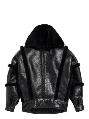 Balenciaga High Collar Leather Jacket With Shearling Details - Black