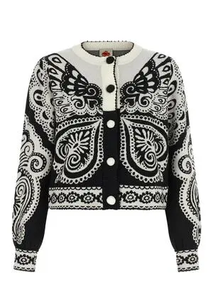 Farm Rio Long-sleeve Open-front Jacquard Knit Cardigan - White/black