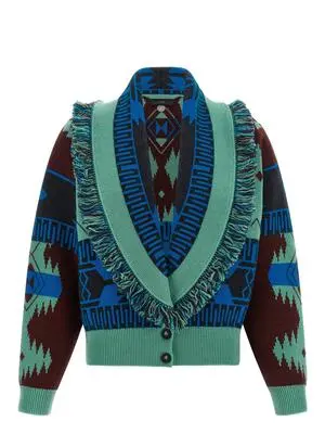 Alanui Alanui Long-Sleeve Open-Front Cardigan With Fringe And Logo Buttons Blue