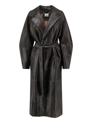 ALYSI Belted Long Leather Trench Coat - Black