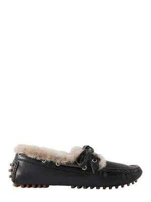 Brunello Cucinelli Bead-embellished Shearling-lined Leather Boat Shoes - Black