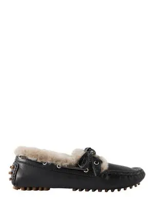 Brunello Cucinelli Bead-embellished Shearling-lined Leather Boat Shoes - Black