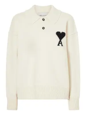 AMI Paris Intarsia Wool Polo Sweater - White