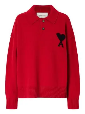 AMI Paris Virgin Wool Intarsia Polo Sweater - Red