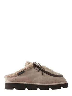Brunello Cucinelli Shearling-trimmed Suede Clogs - Brown