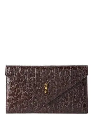 Saint Laurent Logo Detailed Croc-effect Leather Clutch - Brown