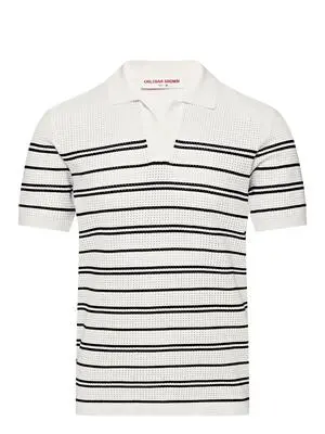 Orlebar Brown Stripe Tailored Fit Waffle Mesh Stitch Polo Shirt - White/night Iris