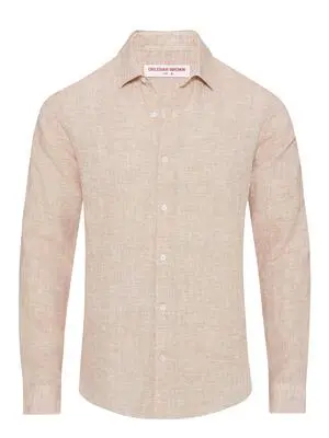 Orlebar Brown Tailored Fit Claic Collar Long-leeve Lightweight Linen Hirt - Ember/white