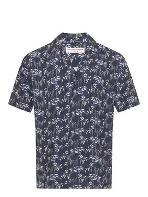 Orlebar Brown Relaxed Fit Capri Collar Catkin Print Linen Hirt In Night Iri - Blue