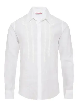Orlebar Brown Classic Collar Tailored Fit Linen Shirt With Leaf Applique - White