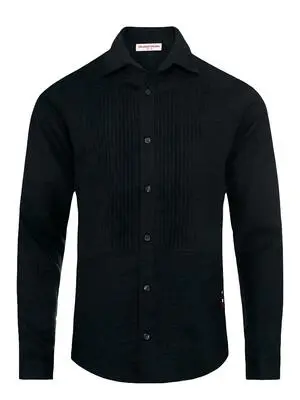 Orlebar Brown Cutaway Collar Tailored Fit Cotton Linen Hirt With Pleated Bib In Night Iri Blue