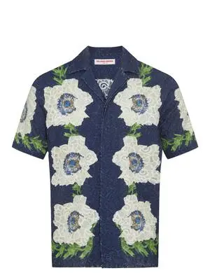 Orlebar Brown Broderie Anglaie Relaxed Fit Capri Collar Hirt Embroidered In Italy In Night Iri - Blue