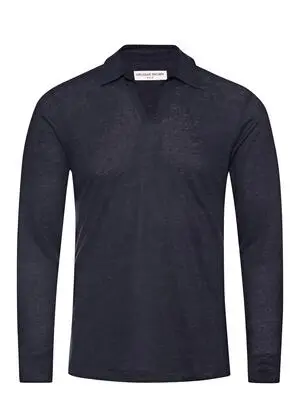 Orlebar Brown Night Iris Tailored Fit Long-sleeve Resort Collar Linen Polo Shirt - Blue