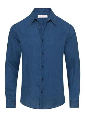Orlebar Brown Dyed Linen Tailored Fit Claic Collar Hirt Woven In Italy - Deep Indigo