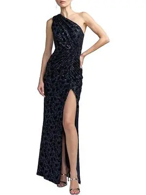 MAC DUGGAL Floral One Shoulder Sequin Gown With Slit