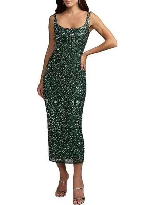 Mac Duggal Sleeveless Scoop Neck Sequin Ankle Dress - Emerald