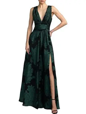 Mac Duggal Burnout Chiffon Sleeveless V-neck A-line Gown - Emerald Multi