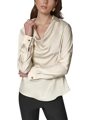 Donna Karan New York Roll Tab Cowl Neck Shirt - Ivory