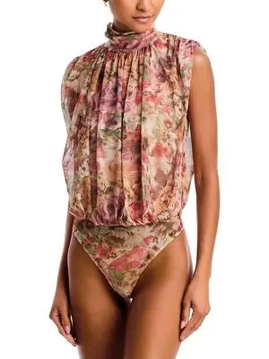 Aqua Mock Neck Mesh Blouson Bodysuit Exclusive - Brown Multi