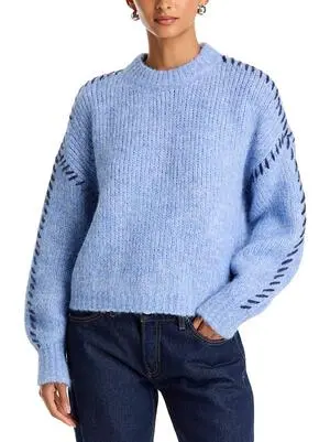 Aqua Whipstitch Trim Crewneck Sweater Exclusive - Blue/navy