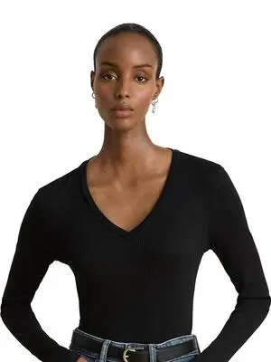 Ralph Lauren Rib-knit Long-sleeve V-neck Top - Black