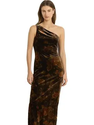 Ralph Lauren Floral Velvet One-shoulder Gown - Brown Multi