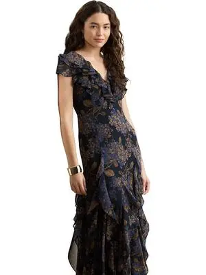 Ralph Lauren Floral Ruffle-trim Georgette Gown - Navy Multi