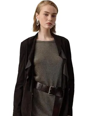 Ralph Lauren Heddie Ruffle-trim Lamb-suede Jacket - Espresso