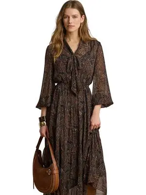 Ralph Lauren Paisley Georgette Tie-neck Tiered Dress - Black Multi
