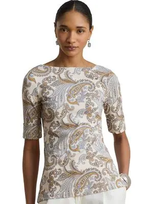 Ralph Lauren Paisley Stretch Cotton Boatneck Tee - Cream Multi