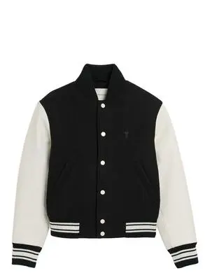 AMI Paris Wool And Leather Teddy Jacket With Embroidery - Black