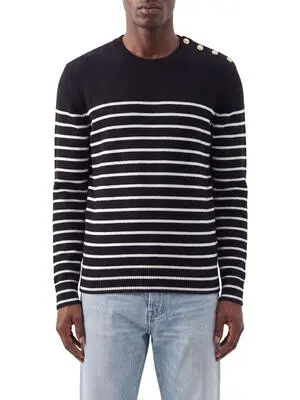 Dolce & Gabbana Striped Wool-blend Crewneck Jumper With Shoulder Buttons - Blue